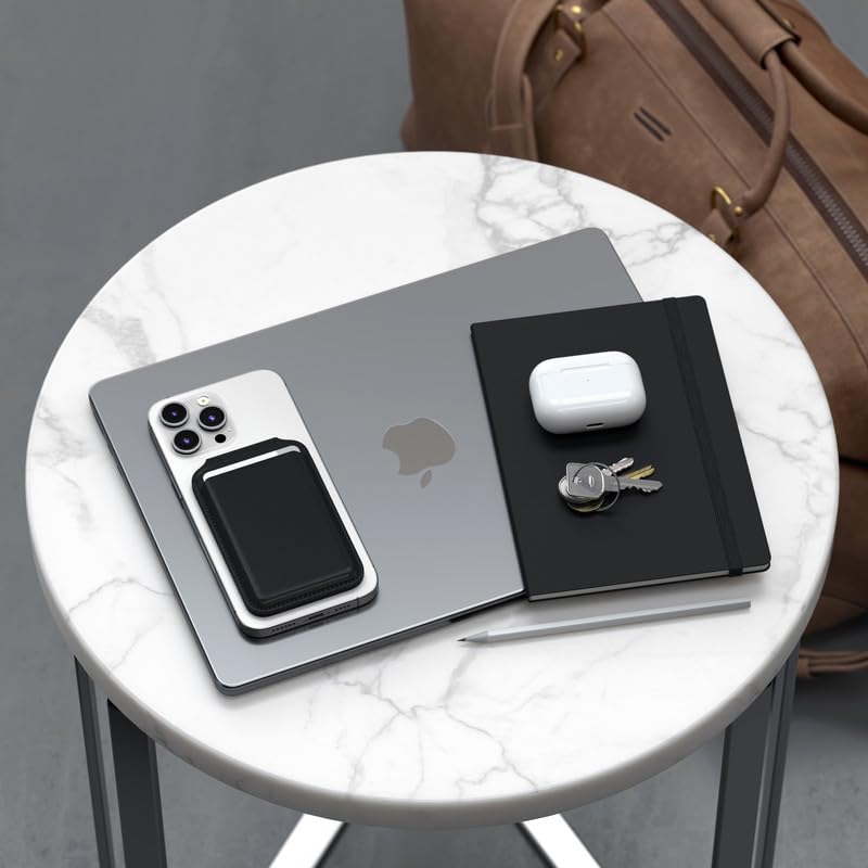 Satechi Magnetic Magsafe Wallet, Vegan-Leather Double Flap Stand Card Holder, 4 Slots with Front NFC Pass-Through, Adjustable Phone Attachment for iPhone 16/15/14/13/12, Travel Accessory, Black