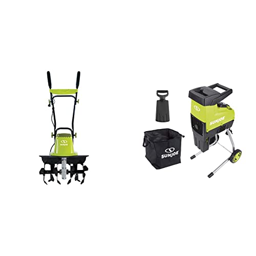 Sun Joe TJ604E 16-Inch 13.5 AMP Electric Garden Tiller/Cultivator,Black & CJ603E 15-Amp 1.7-Inch Cutting Diameter Electric Silent Wood Chipper/Shredder, Green