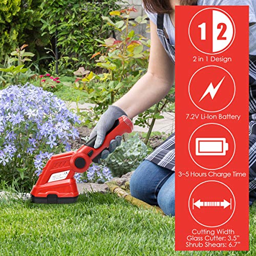 Goplus 7.2V Cordless Grass Shear + Hedge Trimmer w/ Wheeled Extension Pole and Rechargeable Battery