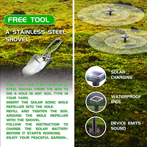 DESMORE 4 Pcs Solar Sonic Mole, Vole and Gopher Repeller with a Beautiful Free Stainless Foldable Shovel, 100% Safe, Single Device Coverage Up to 6,700 Sq.ft, IP65 Waterproof(Color Box Packaging)