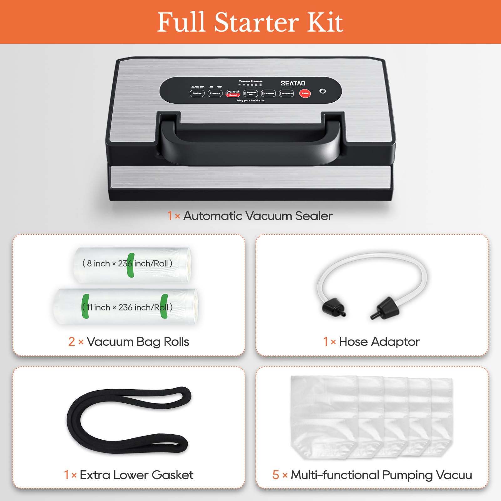 Seatao Commercial Vacuum Sealer Machine,90Kpa Multifunctional Food Saver Vacuum Sealer Machine with Dry/Moist Modes and LED Indicator Lights,Handle Locked Design,For Sous Vide and Air Tight Food Storage,Silver