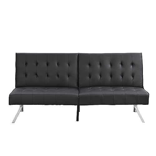 Penifun Convertible Folding Futon Sofa Bed Sleeper Couch for Living Room PU Leather Upholstered Loveseat, Solid Wood Frame/Stainless Leg, Black