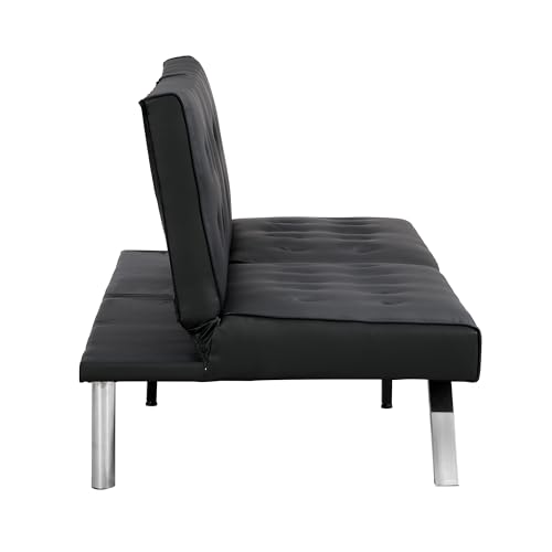 Penifun Convertible Folding Futon Sofa Bed Sleeper Couch for Living Room PU Leather Upholstered Loveseat, Solid Wood Frame/Stainless Leg, Black