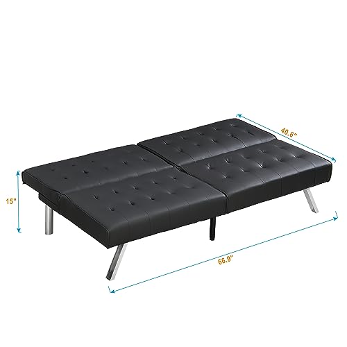 Penifun Convertible Folding Futon Sofa Bed Sleeper Couch for Living Room PU Leather Upholstered Loveseat, Solid Wood Frame/Stainless Leg, Black