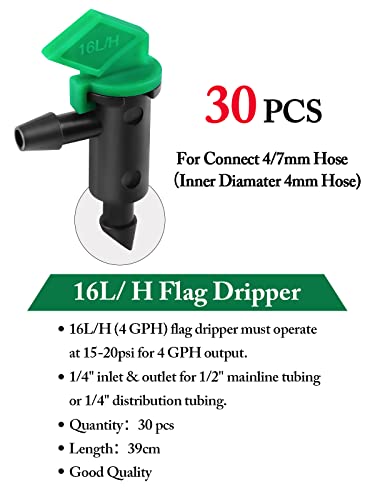 Kalolary 90 Pieces Drip Emitter, 3 Colors Garden Flag Irrigation Drippers in 3 Sizes, 1 GPH, 2 GPH, 4 GPH Per Hour for Trees and Shrubs Watering