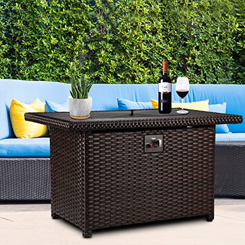 44 in Propane Gas Fire Table Auto-Ignition 50,000BTU, Rectangle Woven Rattan Fire Pit for Outside Patio Garden Deck & Backyard,with Lid and Blue Glass Beads, Glass Wind Guard,CSA Approved(Brown)