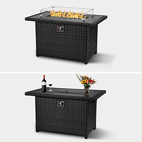 44 in Propane Gas Fire Table Auto-Ignition 50,000BTU, Rectangle Woven Rattan Fire Pit for Outside Patio Garden Deck & Backyard,with Lid and Blue Glass Beads, Glass Wind Guard,CSA Approved(Brown)