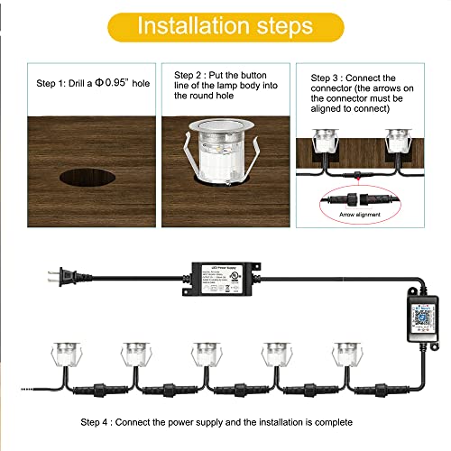 Dimmable LED Deck Lights Kit, 10 Pack Φ1.18 Outdoor Recessed Deck Step Lighting, 2700K-6500K Bluetooth Low Voltage Landscape Light IP67 Waterproof for Garden Patio Rail Ground Pathway