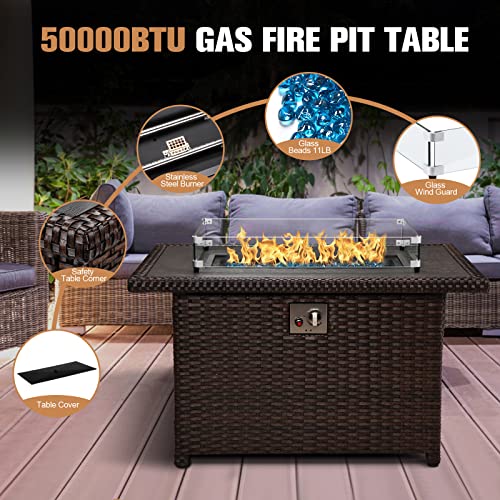 44 in Propane Gas Fire Table Auto-Ignition 50,000BTU, Rectangle Woven Rattan Fire Pit for Outside Patio Garden Deck & Backyard,with Lid and Blue Glass Beads, Glass Wind Guard,CSA Approved(Brown)