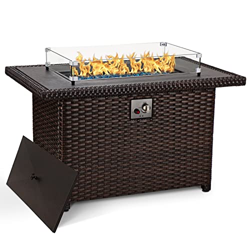 44 in Propane Gas Fire Table Auto-Ignition 50,000BTU, Rectangle Woven Rattan Fire Pit for Outside Patio Garden Deck & Backyard,with Lid and Blue Glass Beads, Glass Wind Guard,CSA Approved(Brown)