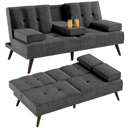 Shintenchi 60" Small Loveseat, 3 in 1 Cute Convertible Sofa Bed, Modern Futon Recliner Sleeper w/2 Cup Holder, Upholstered Folding Couch for Small Space, Dark Gray