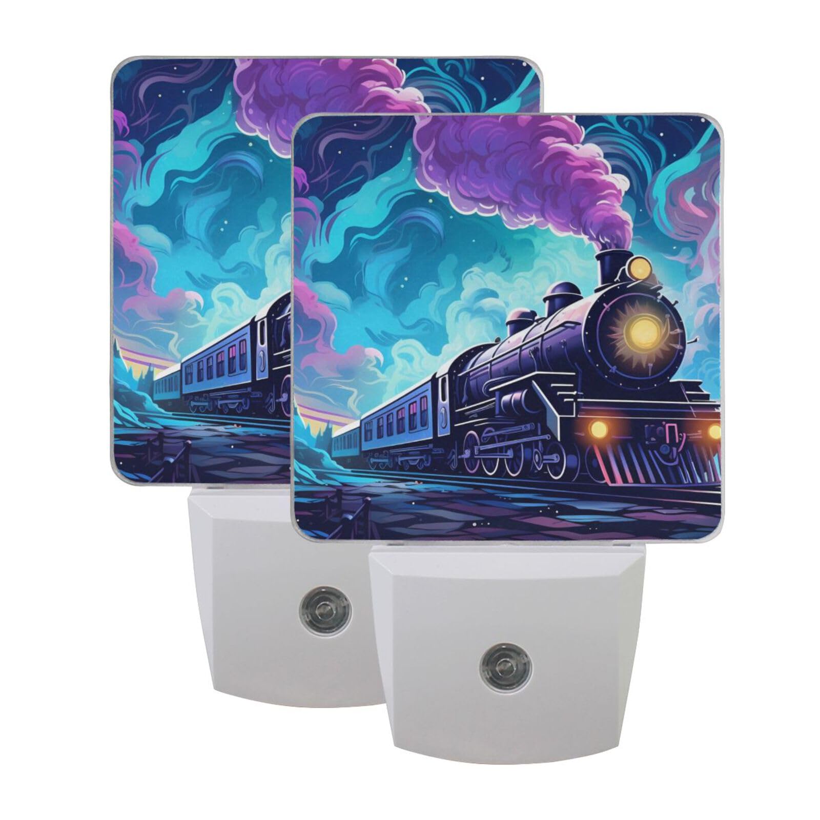 ZENWAWA Steam Train Illustration Night Light Plug into Wall Decorative Auto Dusk to Dawn Sensor LED Night Lamp 2 Pack 3×4.5×1.4 in