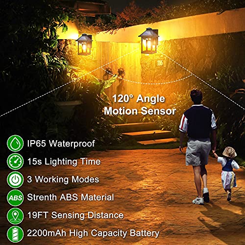 Kuniwa 2 Pack Solar Wall Lantern Lights Outdoor Dusk to Dawn Motion Sensor Waterproof LED Wall Sconce Exterior Porch Light Fixtures Warm White, 3 Lighting Modes for Fence Patio Garage Garden Yard