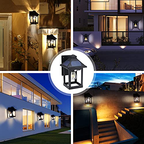 Kuniwa 2 Pack Solar Wall Lantern Lights Outdoor Dusk to Dawn Motion Sensor Waterproof LED Wall Sconce Exterior Porch Light Fixtures Warm White, 3 Lighting Modes for Fence Patio Garage Garden Yard