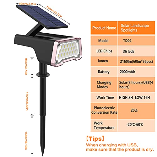 YORMICK Solar Lights Outdoor, 36 LEDs Solar Landscape Spotlights, Waterproof 2 in 1 Wall Lights with USB Charge, Adjustable Solar Panel for Yard Garden Driveway Porch Walkway Pool Patio