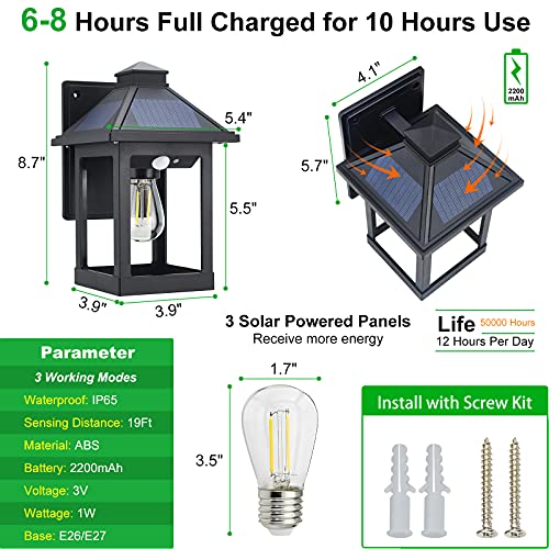 Kuniwa 2 Pack Solar Wall Lantern Lights Outdoor Dusk to Dawn Motion Sensor Waterproof LED Wall Sconce Exterior Porch Light Fixtures Warm White, 3 Lighting Modes for Fence Patio Garage Garden Yard