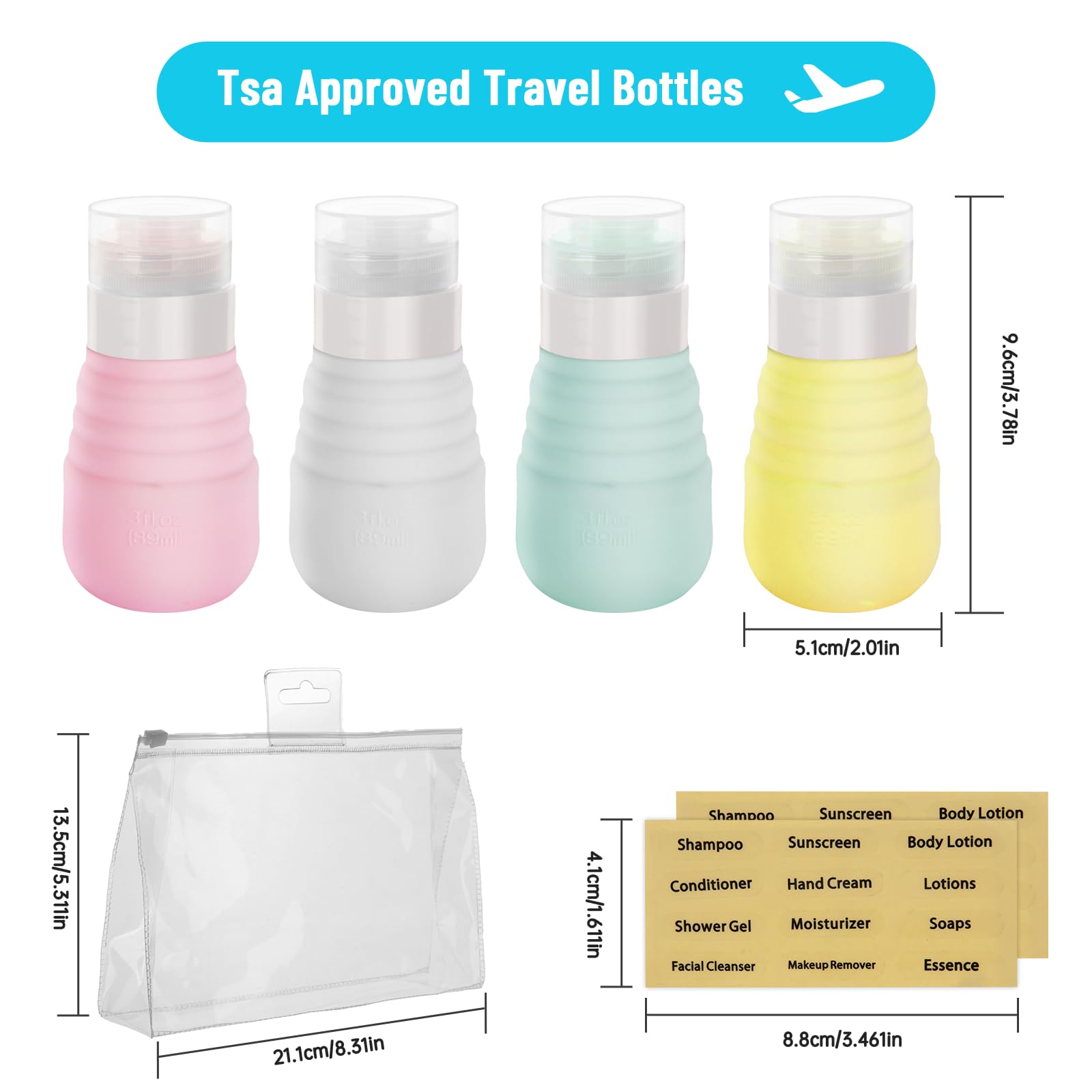 Travel Bottles for Toiletries, Minimalism Collapsible Tsa Approved 3oz Portable Travel Bottles, Silicone Squeezable Leak Proof Travel Size Containers, Travel Essentials with Clear Bag (4Pack)