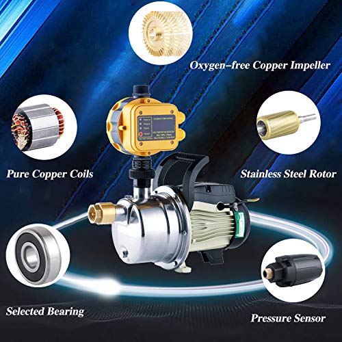 TDRRICH 3/4HP water pressure booster pump with Smart Controller for whole house,Self-priming Jet Transfer Pump Pressure Switch Automatic System 110v AC for Lawn Garden Sprinkler Irrigation