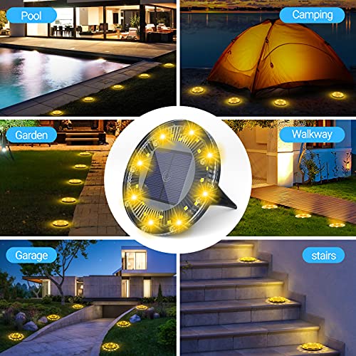 AIRSEE Solar Ground Lights 4 Pack, 24 LED, 2 Modes Solar Outdoor Lights, IP68 Waterproof LED Solar Disk Lights, Decorative Solar Garden Landscape Lighting for Lawn Pathway Deck Patio Yard Walkway