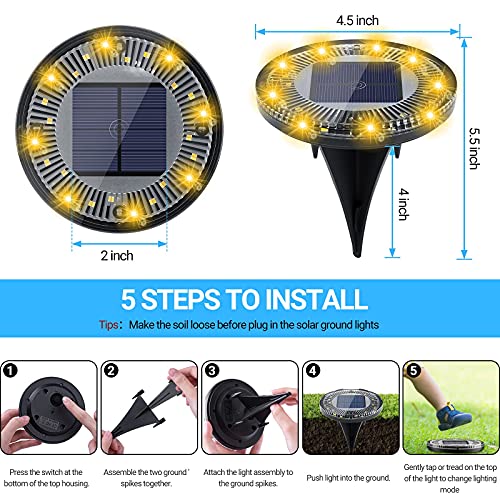 AIRSEE Solar Ground Lights 4 Pack, 24 LED, 2 Modes Solar Outdoor Lights, IP68 Waterproof LED Solar Disk Lights, Decorative Solar Garden Landscape Lighting for Lawn Pathway Deck Patio Yard Walkway
