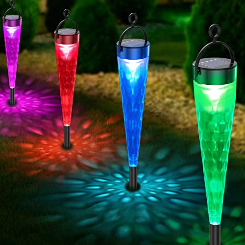 Solar Pathway Lights Outdoor-Solar Garden Decorative Lights That Can Be Hung in The Sky, 7Color Auto-Changing or Fixed Single Color Landscape Lighting Path Lights for Lawn Patio Yard Walkway (4pack)