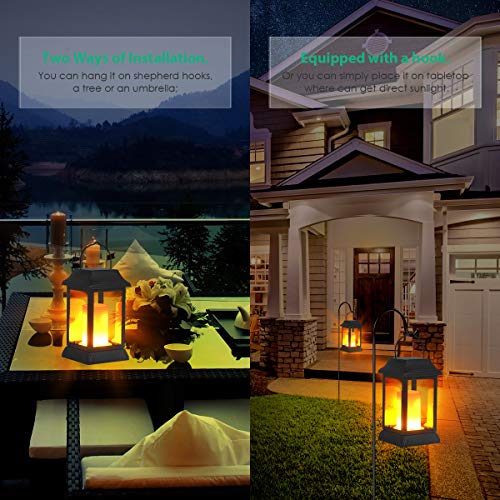 TomCare Solar Lights Metal Flickering Flame Solar Lantern Outdoor Hanging Lanterns Decorative Lighting Heavy Duty Solar Powered Waterproof Umbrella Lighting for Garden Patio Deck Yard, 2 Pack(Black)