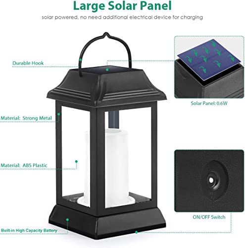 TomCare Solar Lights Metal Flickering Flame Solar Lantern Outdoor Hanging Lanterns Decorative Lighting Heavy Duty Solar Powered Waterproof Umbrella Lighting for Garden Patio Deck Yard, 2 Pack(Black)