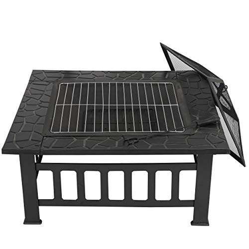 ZENY 32" Outdoor Fire Pit Square Table Metal Firepit Table Backyard Patio Garden Stove Wood Burning Fireplace w/ Waterproof Cover, Spark Screen and Poker