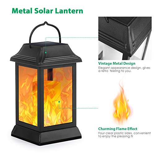 TomCare Solar Lights Metal Flickering Flame Solar Lantern Outdoor Hanging Lanterns Decorative Lighting Heavy Duty Solar Powered Waterproof Umbrella Lighting for Garden Patio Deck Yard, 2 Pack(Black)