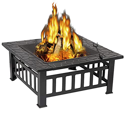 ZENY 32" Outdoor Fire Pit Square Table Metal Firepit Table Backyard Patio Garden Stove Wood Burning Fireplace w/ Waterproof Cover, Spark Screen and Poker
