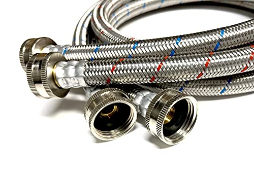 Shark Industrial 2-Pack Premium Stainless Steel Washer Hoses - 4 FT No-Lead Burst Proof Red and Blue Lined Water Inlet Supply Lines - Universal Connection - 10 Year Warranty
