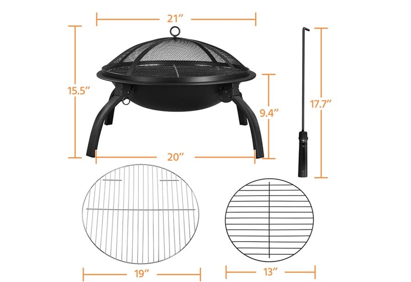 Yaheetech 21inch Firepit Portable Folding Steel Fire Bowl Garden Treasures Fire Pit Wood Burning Outdoor Fireplace with Spark Screen, BBQ Grill, Log Grate & Carrying Bag for Patio Backyard Camping