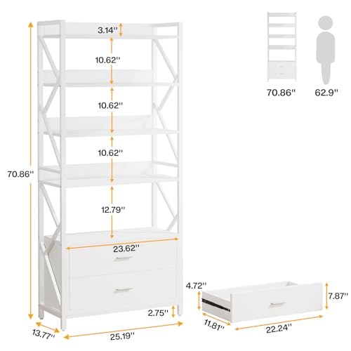 Tribesigns Bookshelf with Drawers, 70.8" Industrial Bookcase with 2 Drawers, 5 Shelf Open Shelf for Storage, Wood Book Shelf for Living Room, Bedroom, Home, Office (1, White)