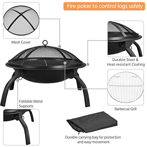Yaheetech 21inch Firepit Portable Folding Steel Fire Bowl Garden Treasures Fire Pit Wood Burning Outdoor Fireplace with Spark Screen, BBQ Grill, Log Grate & Carrying Bag for Patio Backyard Camping