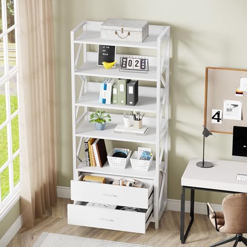 Tribesigns Bookshelf with Drawers, 70.8" Industrial Bookcase with 2 Drawers, 5 Shelf Open Shelf for Storage, Wood Book Shelf for Living Room, Bedroom, Home, Office (1, White)
