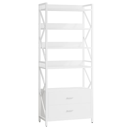 Tribesigns Bookshelf with Drawers, 70.8" Industrial Bookcase with 2 Drawers, 5 Shelf Open Shelf for Storage, Wood Book Shelf for Living Room, Bedroom, Home, Office (1, White)