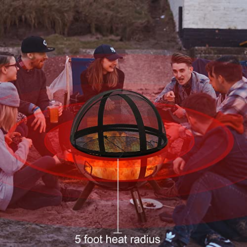 Catalina Creations Heavy Duty Round Fire Pit with Removable BBQ Grill and Mesh Spark Screen Outdoor Wood Burning Firepit Steel Firepit Bowl for Garden Bonfire Camping Picnic - Black