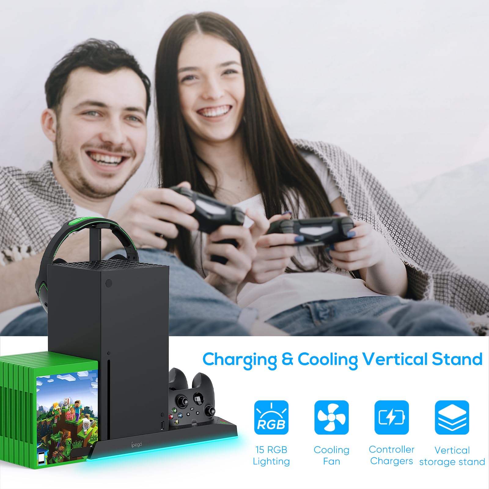 RGB Charging Stand with Cooling Fan for Xbox Series X Console &Controller,Dual Charger Station Cooler System Accessories with 15 RGB Light,2x1400mAh Rechargeable Battery,Headphone stand,Game Disc Slot