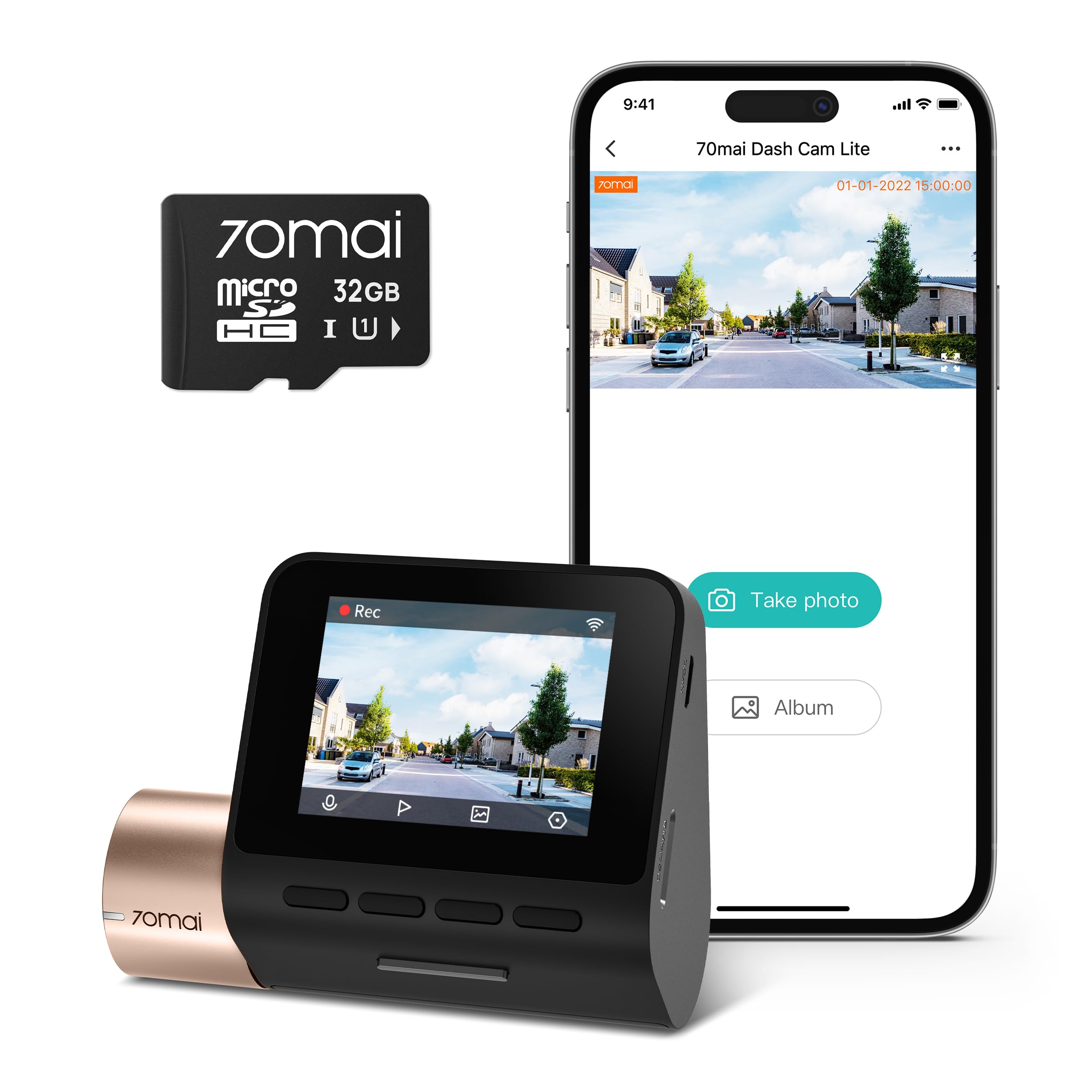 70mai Dash Cam Lite, 70mai Micro SD Card 32GB, 1080P Full HD, Sony IMX307, Built-in G-Sensor, 130° Wide Angle FOV, WDR, Night Vision, Loop Recording