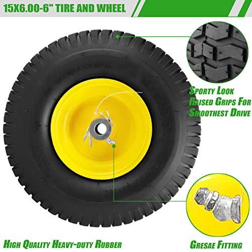 15x6.00-6 Lawn Mower Tires with Wheel,Front Tire Assembly Replacement for John Deere,Craftsman,Cub Cadet and More Lawn &Garden Riding Mower,4 Ply Tubeless,570lbs Capacity,3" Offset Hub