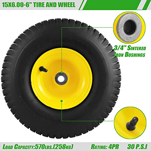 15x6.00-6 Lawn Mower Tires with Wheel,Front Tire Assembly Replacement for John Deere,Craftsman,Cub Cadet and More Lawn &Garden Riding Mower,4 Ply Tubeless,570lbs Capacity,3" Offset Hub