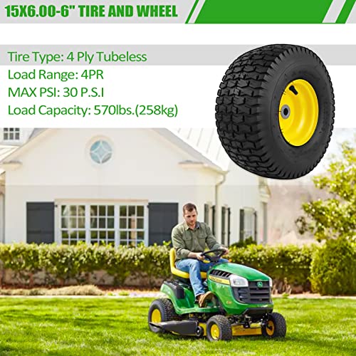 15x6.00-6 Lawn Mower Tires with Wheel,Front Tire Assembly Replacement for John Deere,Craftsman,Cub Cadet and More Lawn &Garden Riding Mower,4 Ply Tubeless,570lbs Capacity,3" Offset Hub
