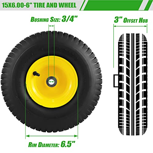 15x6.00-6 Lawn Mower Tires with Wheel,Front Tire Assembly Replacement for John Deere,Craftsman,Cub Cadet and More Lawn &Garden Riding Mower,4 Ply Tubeless,570lbs Capacity,3" Offset Hub