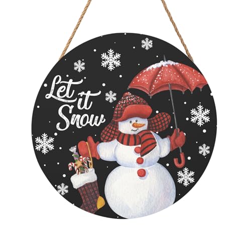Let It Snow Snowman Door Sign For Front Door Decor,Winter Welcome Rustic Snowflakes Black Wooden Sign 12"x 12" Round Wood Hanging Door Sign Decoration for Winter Day Wall Rustic Farmhouse Porch Decor