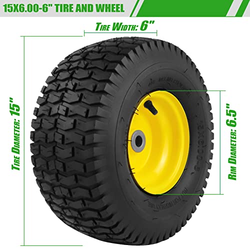 15x6.00-6 Lawn Mower Tires with Wheel,Front Tire Assembly Replacement for John Deere,Craftsman,Cub Cadet and More Lawn &Garden Riding Mower,4 Ply Tubeless,570lbs Capacity,3" Offset Hub