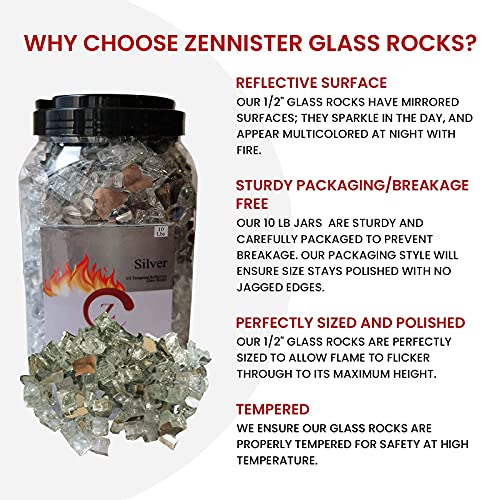 Z Zennister Fire Pit Glass Rocks, High Luster, 1/2" Reflective Tempered Fire Glass in Silver, 10 Pound Jar for Natural or Propane Fireplace, Crushed Glass Stones for Firepit, Garden or Patio