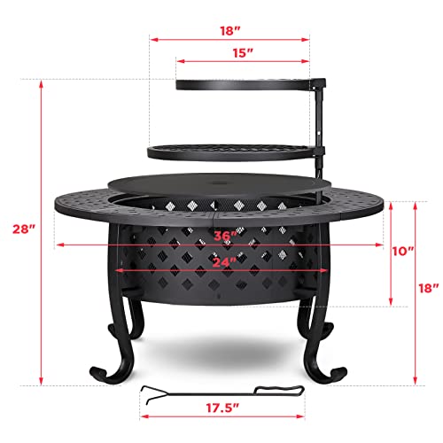 fissfire 36 Inch Outdoor Fire Pits, Wood Burning Firepit with 2 BBQ Grill & Lid, Metal Round Table for Bonfire Patio Backyard Garden Camping Beach