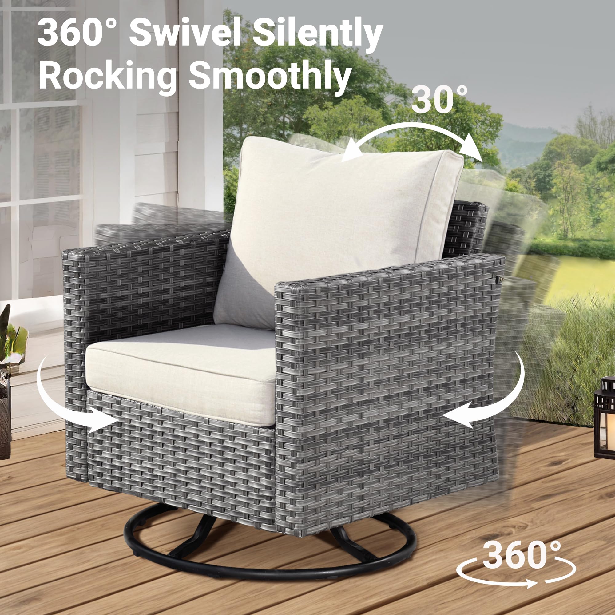 ovios Patio Furniture Set 7-Pieces Outdoor Wicker Sofa with Rocking Swivel Chairs and Coffee Table, High Back Conversation Set for Yard Deck Porch, Beige