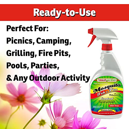 I Must Garden Mosquito Tick and Flea Control: Kills and Repels Biting Insects from Garden, Deck, Campsite β Natural and Pet Safe β 32oz Ready-to-Use Easy Spray Bottle