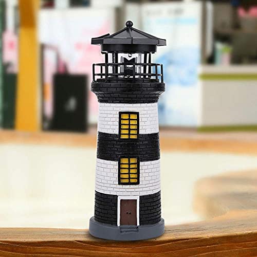 LED Solar Power Lighthouse Statue Outdoor Decor Rotating Outdoor Light Garden Yard Lawn Craft Ornament(Black+White)